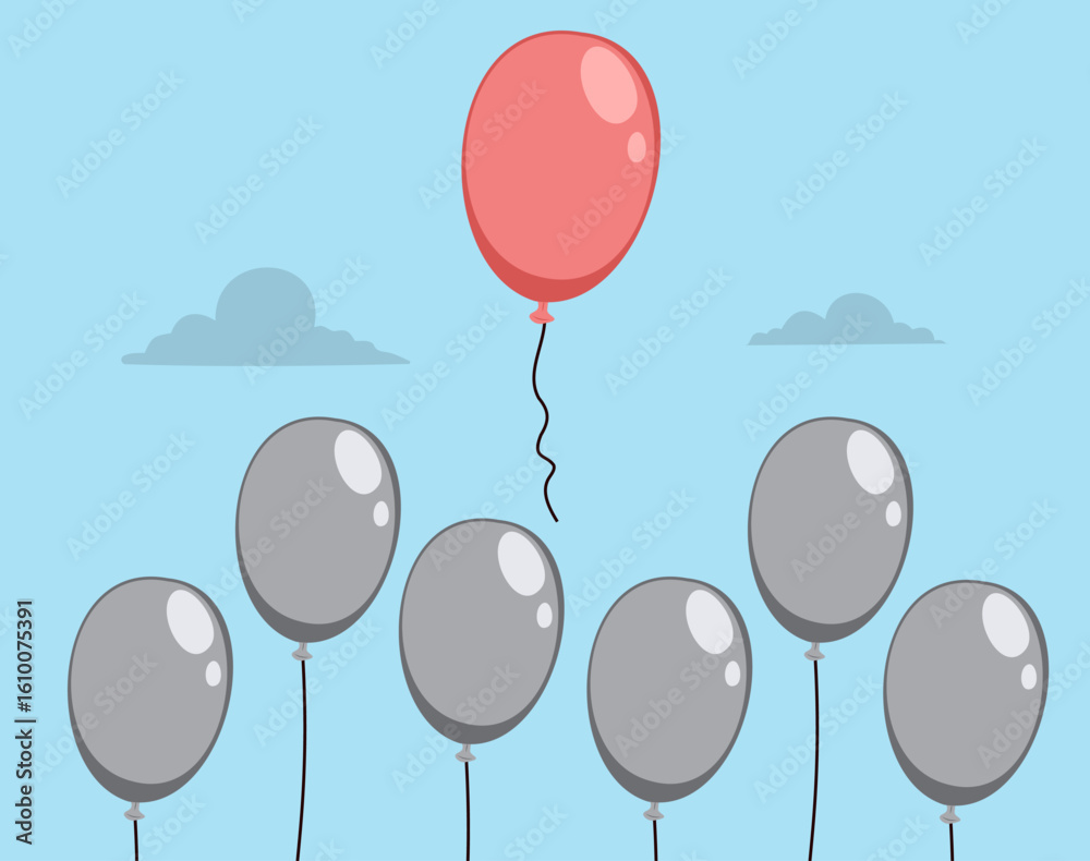 Cartoon of one red balloon rising among grey balloons, symbolizing ...
