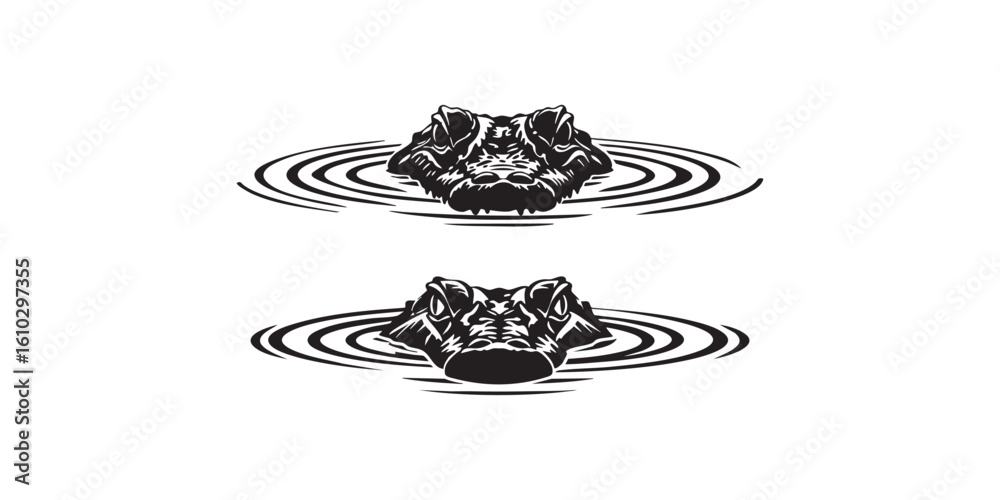 Alligator vector illustration in water, black and white alligator head ...