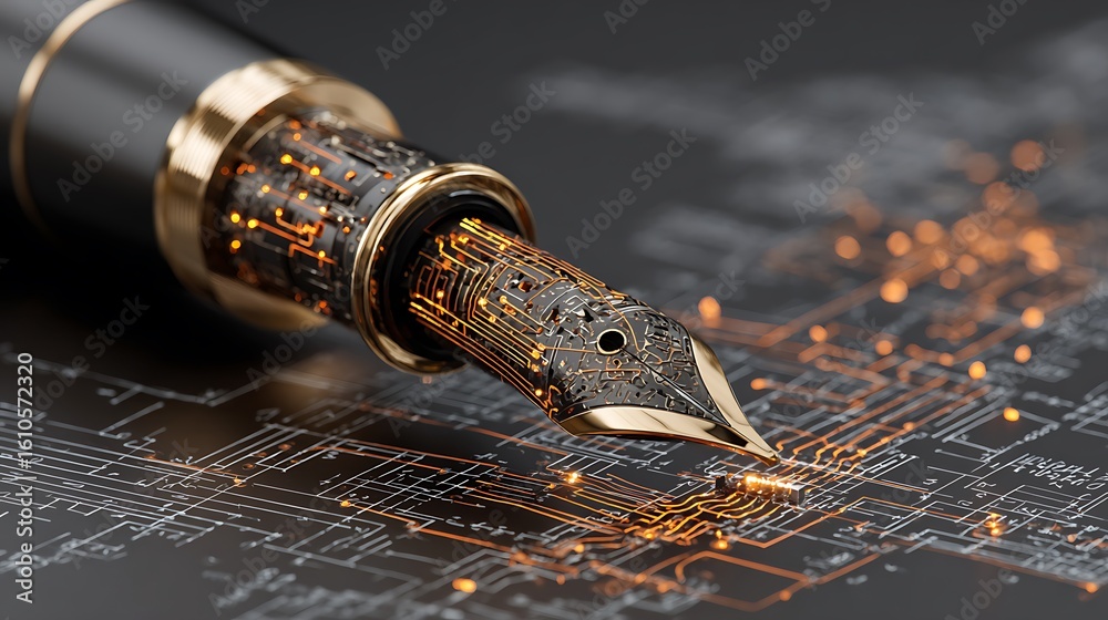 Intricate fountain pen nib interacting with a detailed circuit board ...