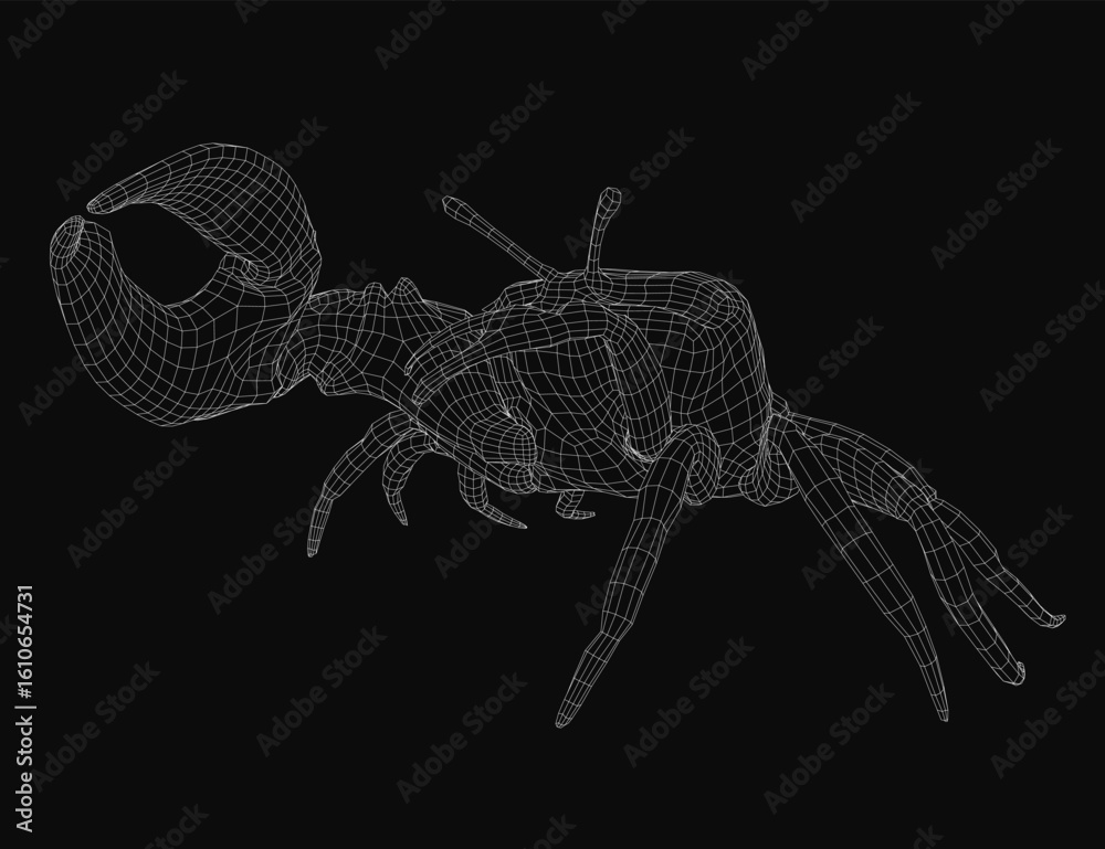 A 3D wireframe model of a hermit crab stands out against a black ...