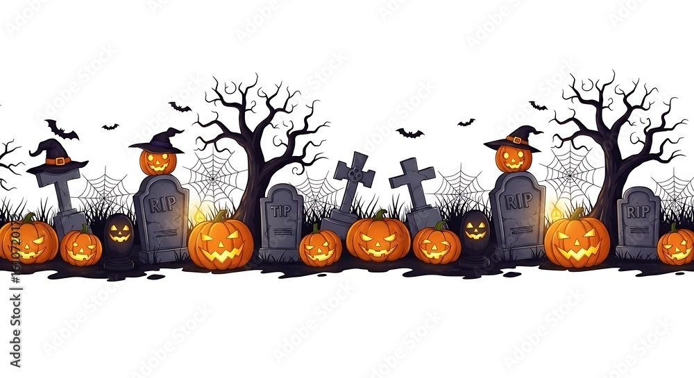 A halloween border with pumpkins tombstones bats and bare trees against ...
