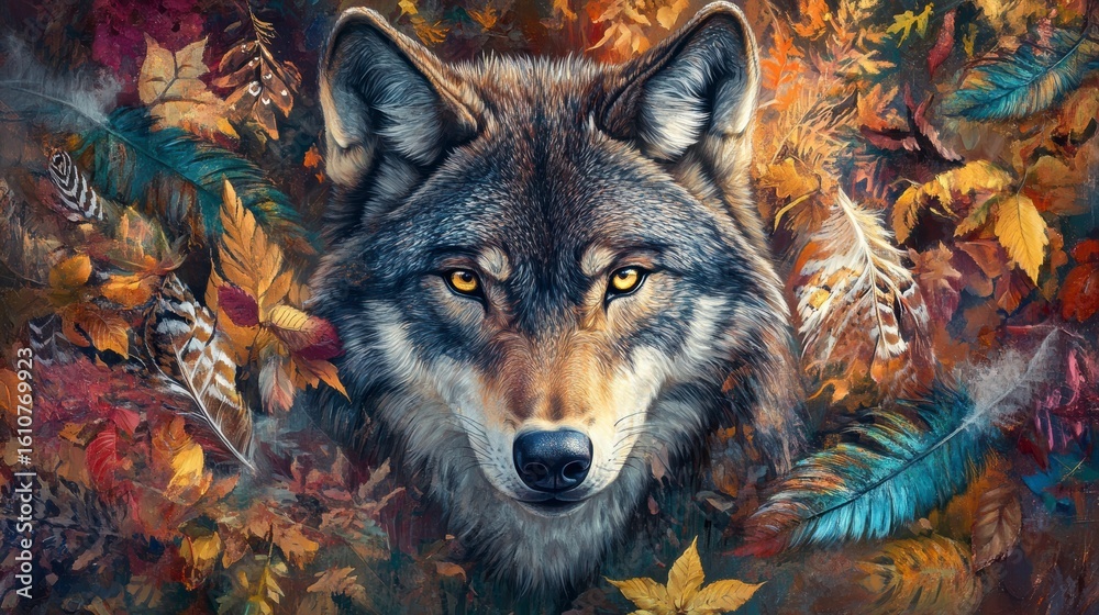 Majestic wolf portrait amidst autumn leaves and feathers. Stock Photo ...
