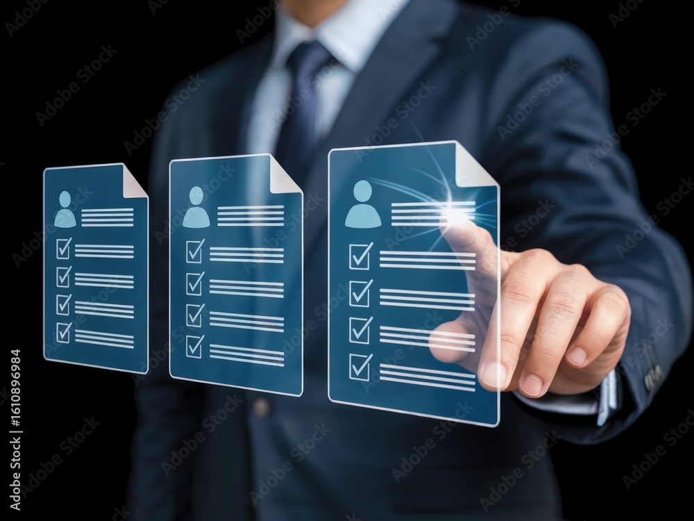 Business professional selecting candidate for recruitment with digital ...