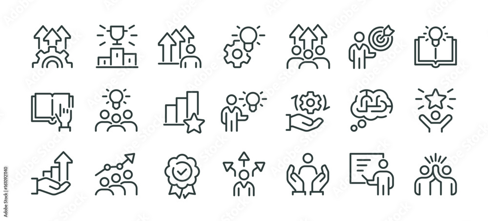 Upskilling coaching, career development, icons pack. Line signs skill grow, learning teamwork ...
