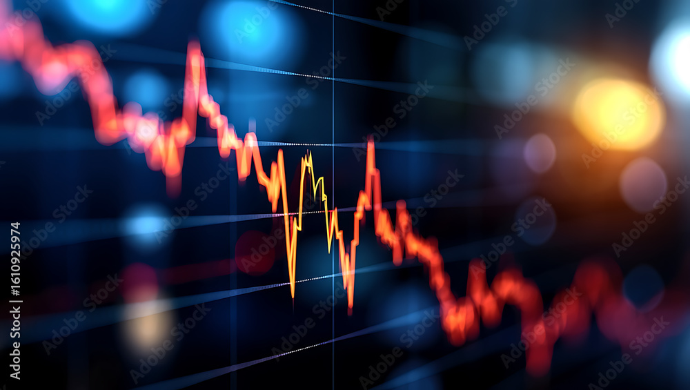 Red and yellow financial graph descending against blue background with ...