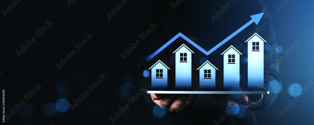 Real estate growth concept with increasing house chart and upward arrow ...