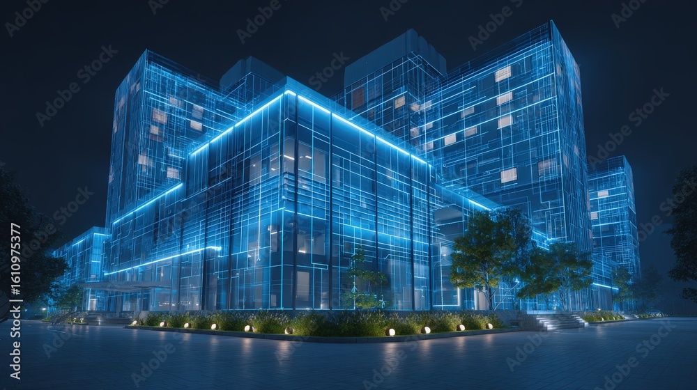 Futuristic hospital exterior at night glowing with animated health grid ...