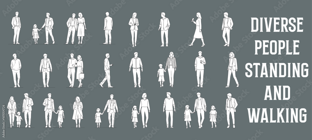 Architectural Drawings diverse people standing and walking vector ...