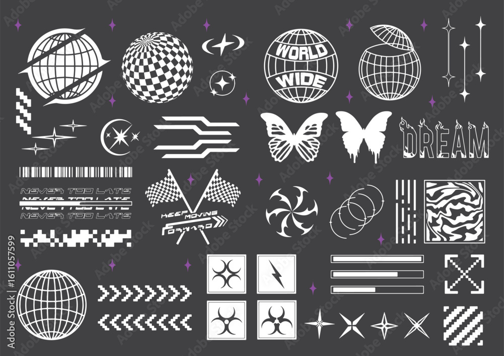 Y2k aesthetic set. Tattoo art signs of 2000s style. Y2k symbols, goth ...