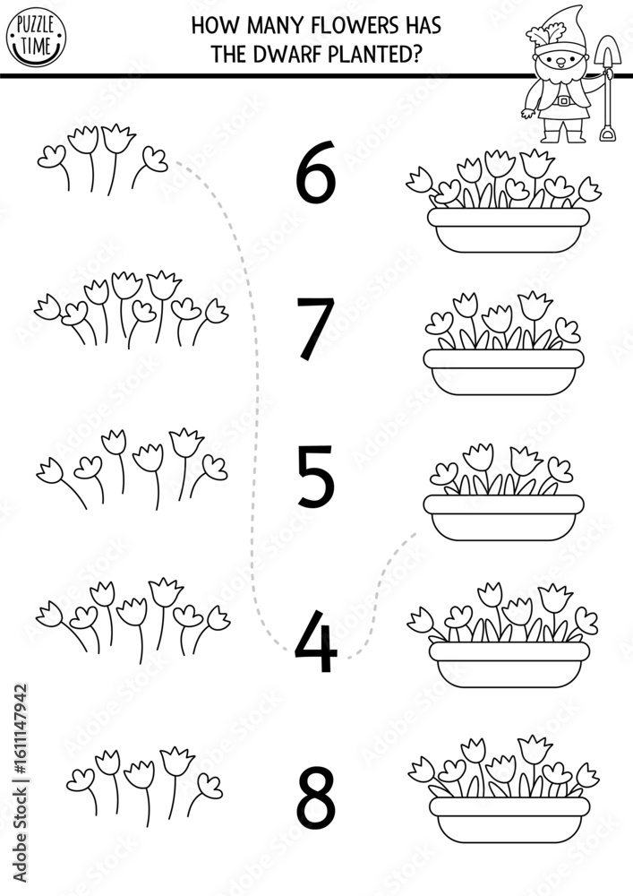 Match the numbers black and white game with garden dwarf. Magic garden ...
