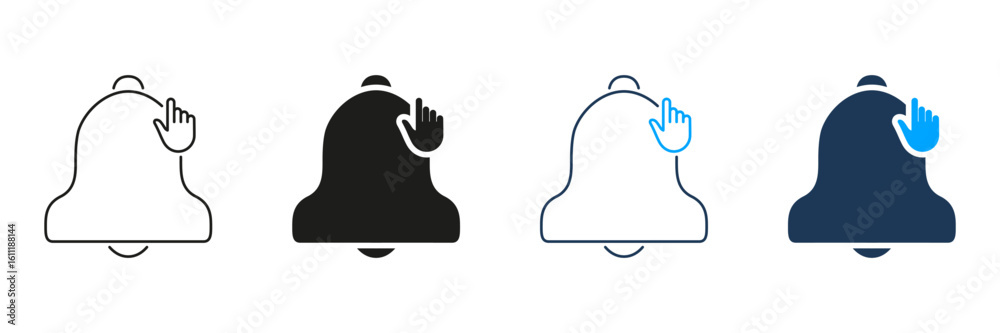 Bell Notification With Hand Click Line And Solid Icon Set. Alert ...