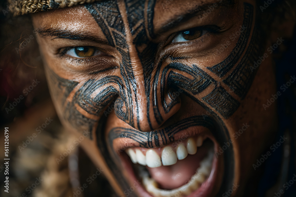 Strong maori woman performing a haka, traditional ancestral war dance ...