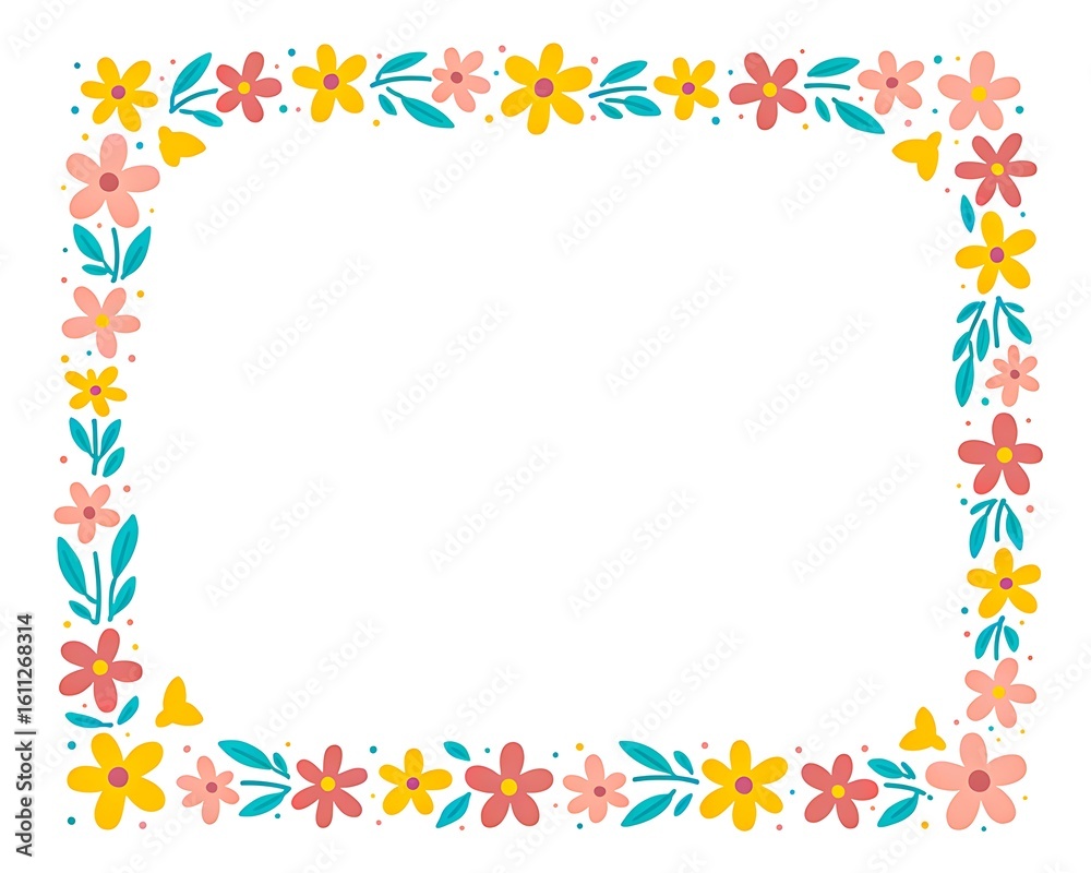 Cute floral frame with colorful cartoon flowers and empty center space ...