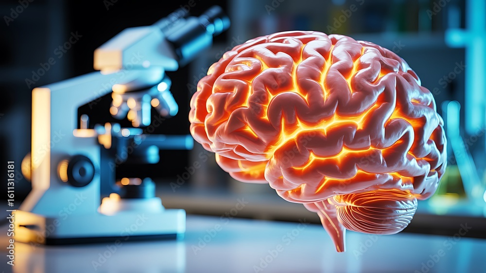 Glowing Human Brain Model Beside Scientific Microscope in Laboratory ...