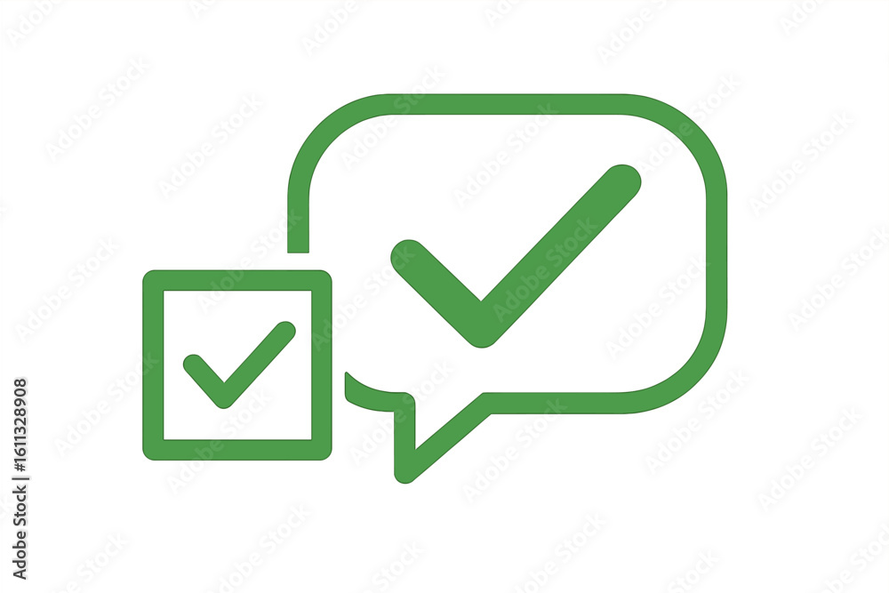 Green check mark icon for approval and confirmation. Speech bubble with ...