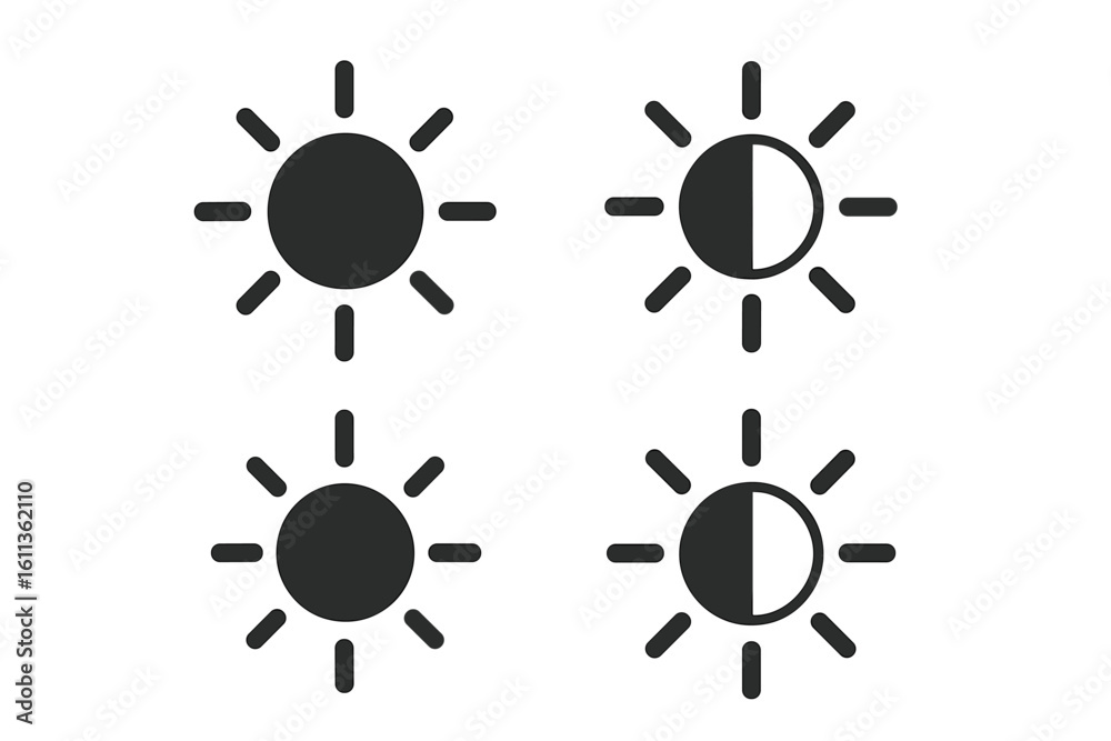 Brightness and contrast adjustment icon set. Sun symbols for screen ...
