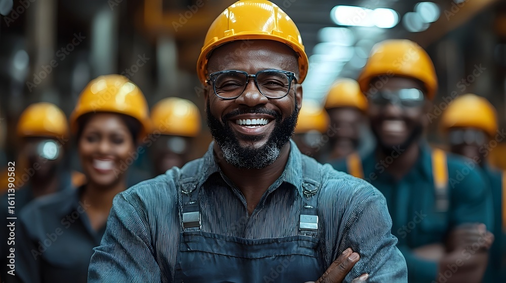 Jubilant construction workers celebrating a production milestone as a ...