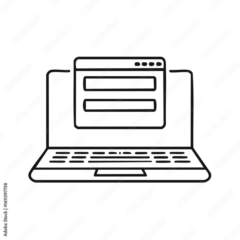 Simple line drawing of a laptop computer showing a login screen with ...