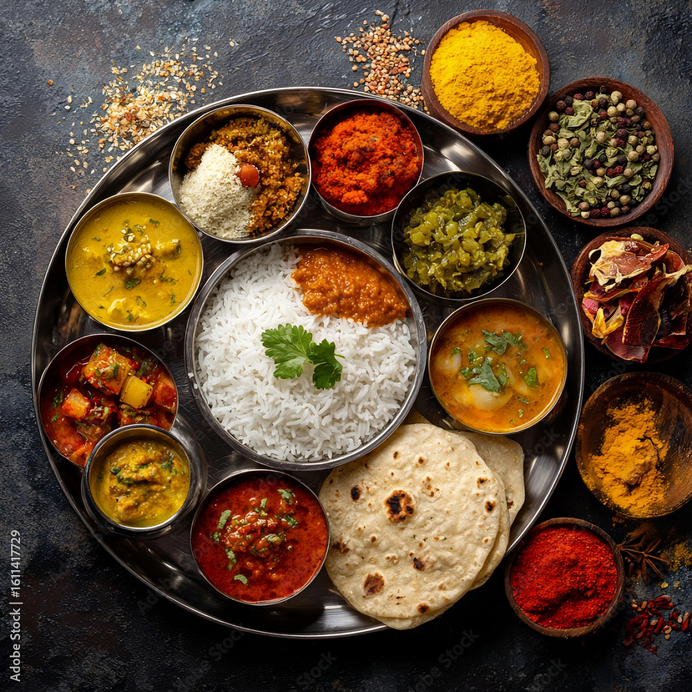 Traditional Indian Thali with Rice, Curries, Lentils, Spices, and Naan ...