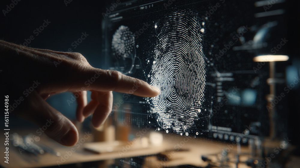 Forensic analyst projecting and enlarging a fingerprint scan in mid-air ...