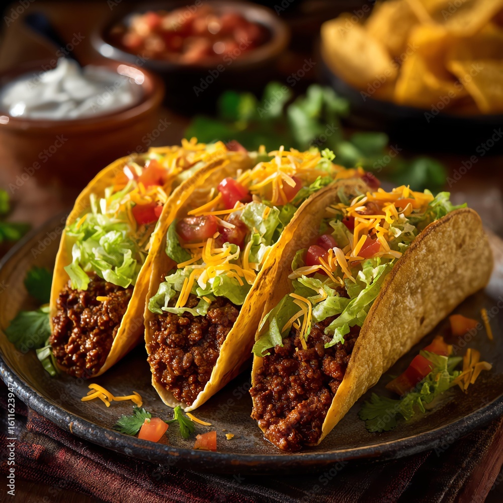 Stock-Foto „Tacos: A mouthwatering assortment of hard shell tacos is ...