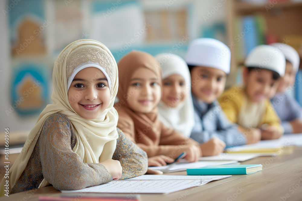 Group of Muslim children learning Arabic in classroom, cultural ...