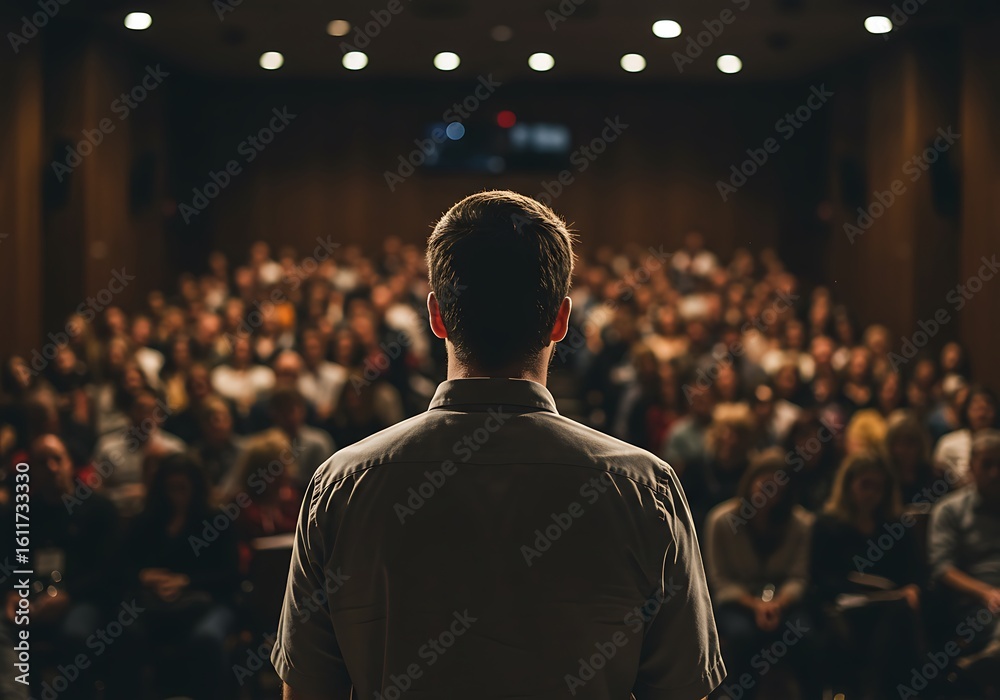 Man facing audience in dimly lit auditorium with overhead lights ...