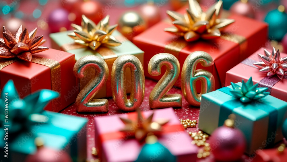 Festive New Year 2026 Gift Boxes with Golden Numbers 2026 on Red and ...