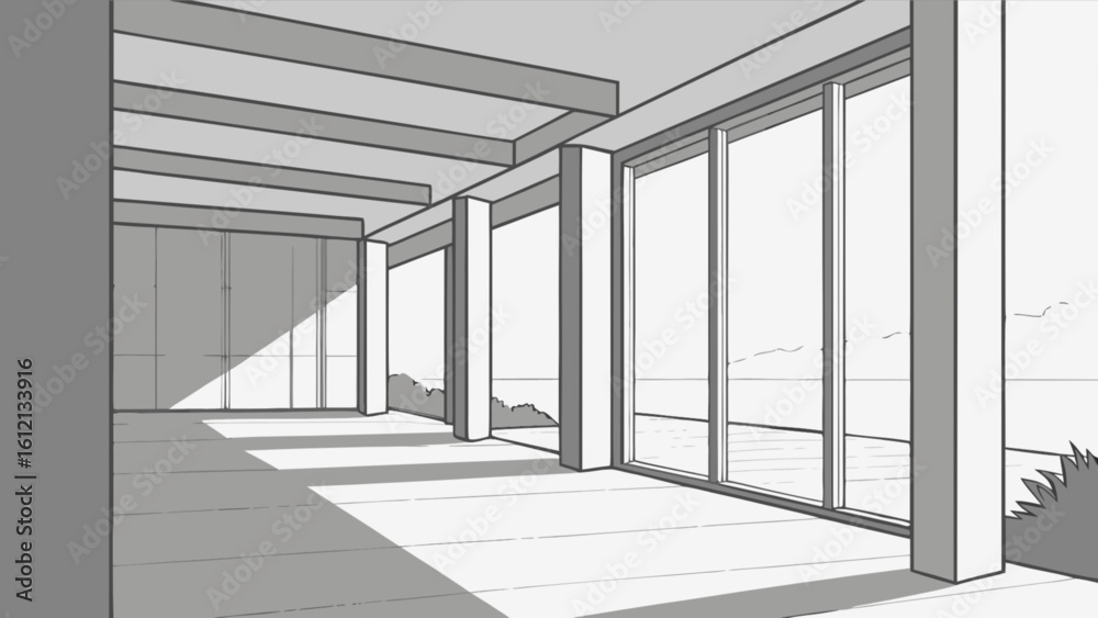 Architecture design drawing of modern house with large windows and beam ...