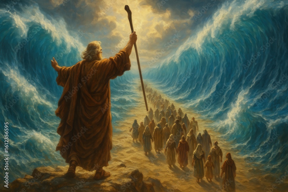 Dramatic biblical scene of Moses raising staff to part Red Sea with ...