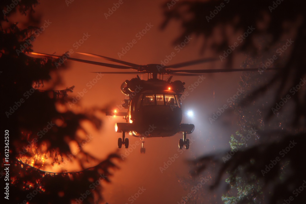 Helicopter maneuvers at night with firefighter deployment. Fire ...