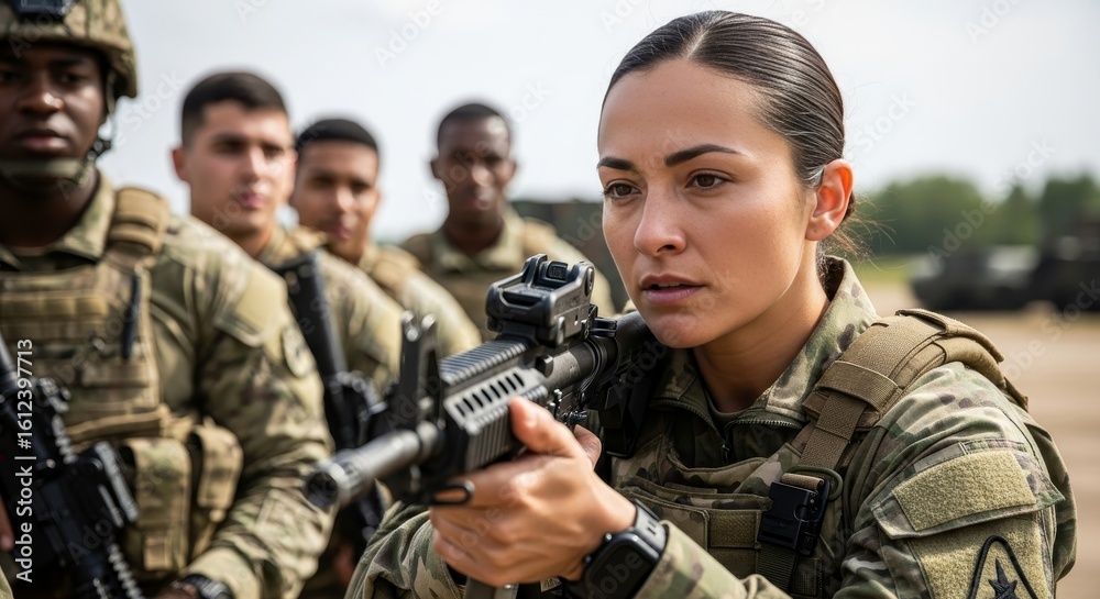 Female soldier in multicam uniform aiming assault rifle during military ...