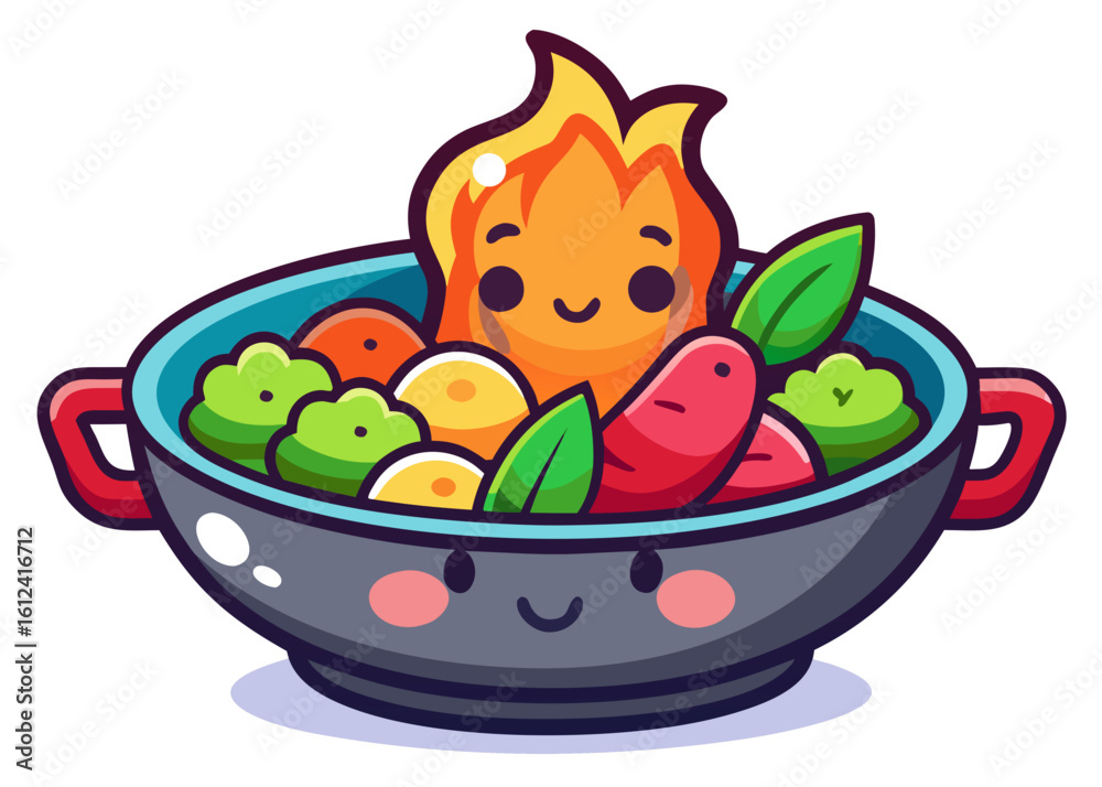 Cute kawaii cooking pot with happy fire and vegetables Stock Vector ...