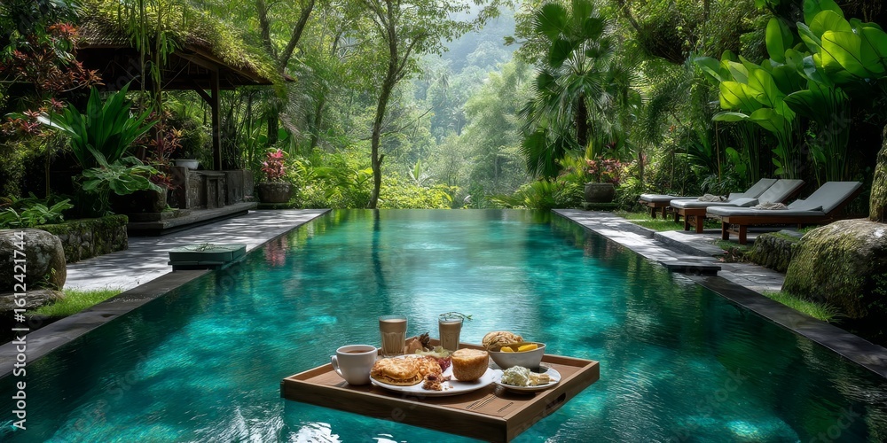 Floating breakfast tray in infinity pool overlooking tropical ...