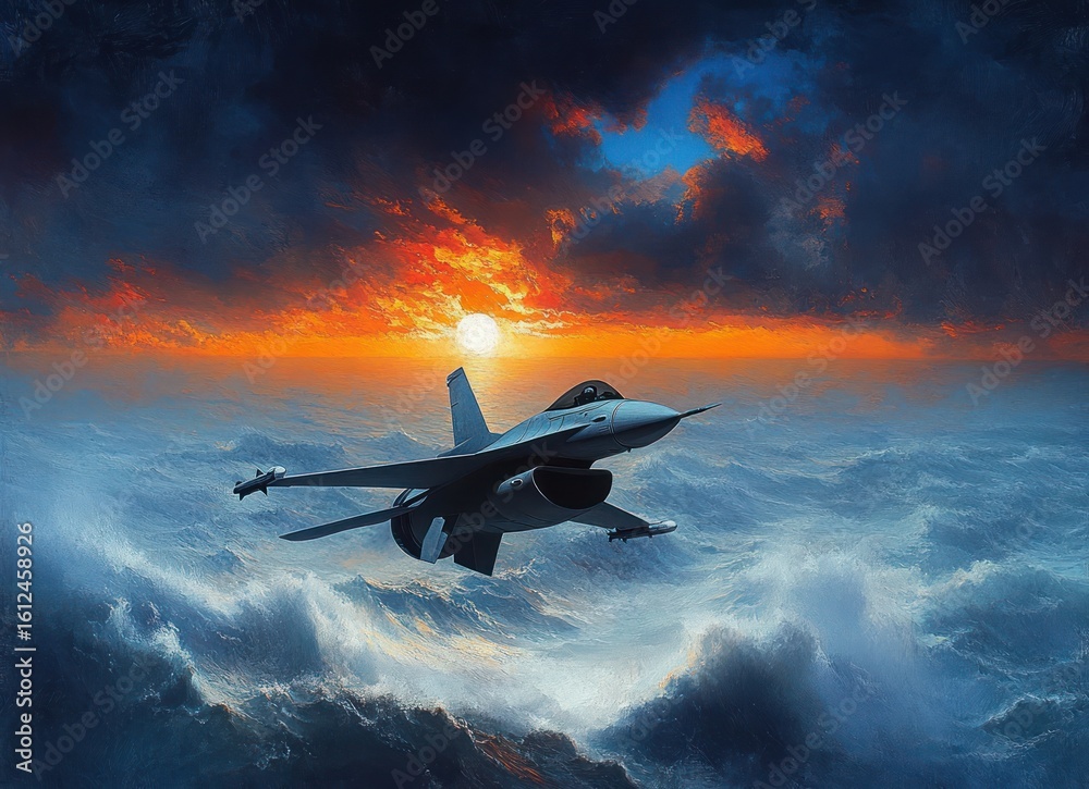 Military fighter jet flying above turbulent ocean waves under a ...