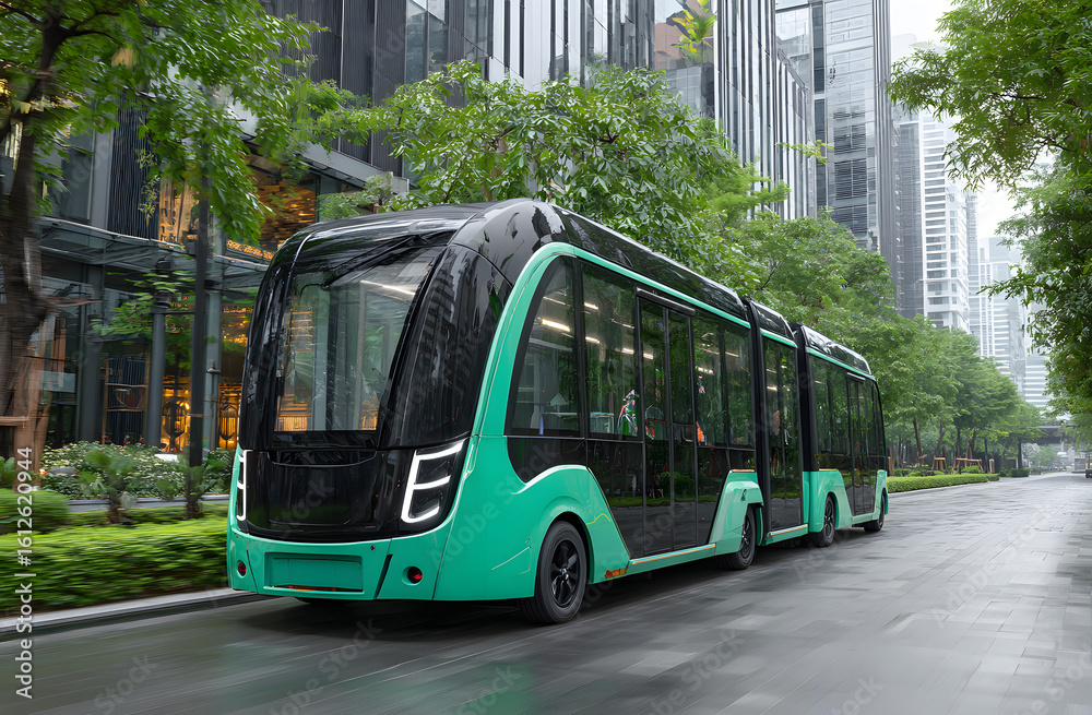 Autonomous electric shuttle bus drives on green urban road lined with ...