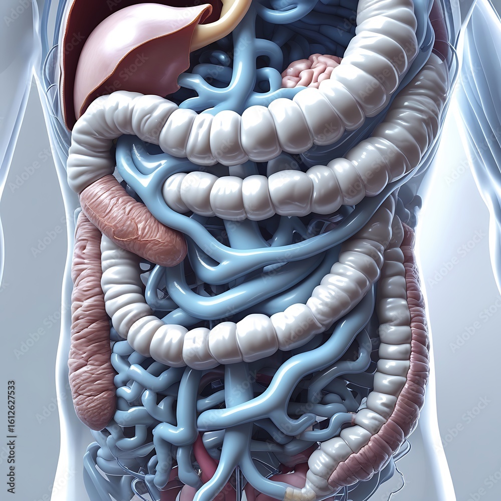 Detailed anatomical view of the human digestive system with intestines ...