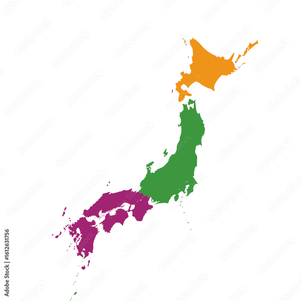 Colorful map of Japan, divided into three distinct regions, isolated on ...