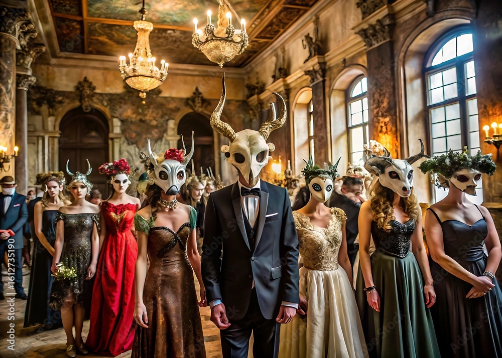 Elegant masquerade ball features guests in elaborate animal skull masks ...