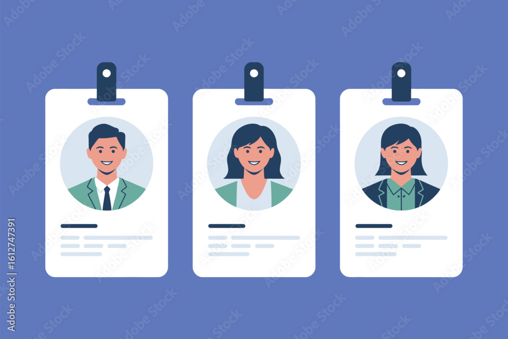 Three id cards displaying portraits of diverse professionals on a blue ...