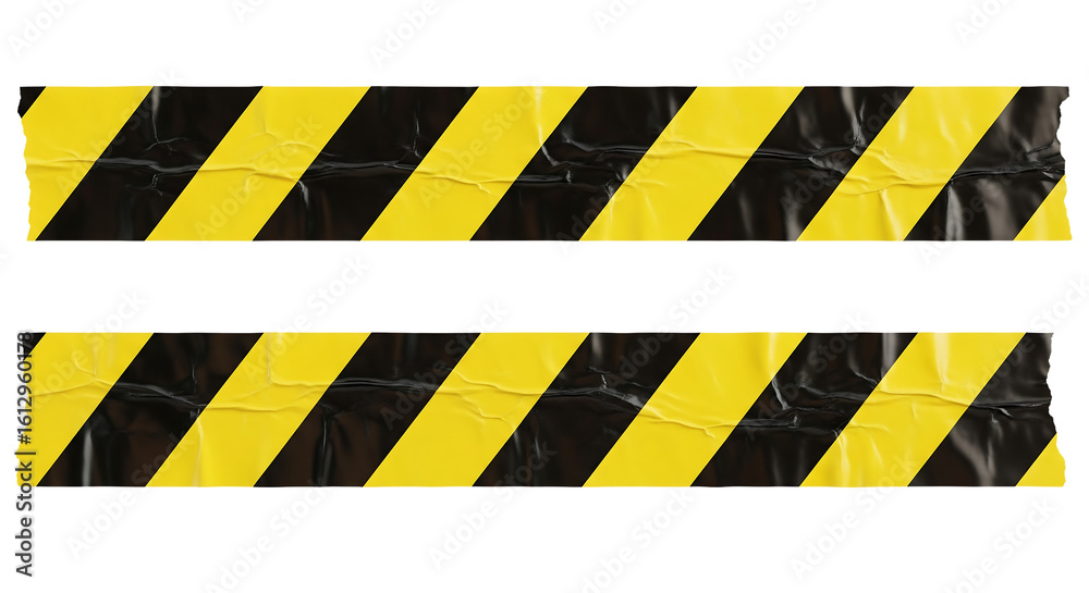Two strips of wrinkled yellow and black striped caution tape for ...