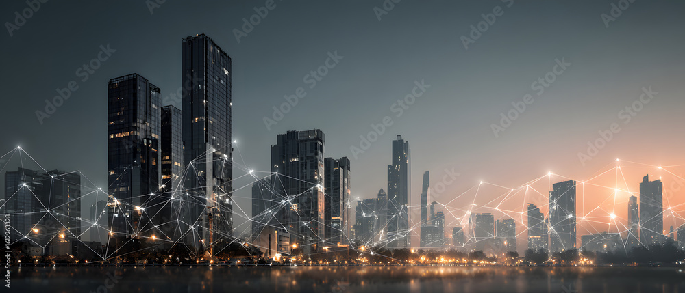 construction building with digital network lines and light nodes ...