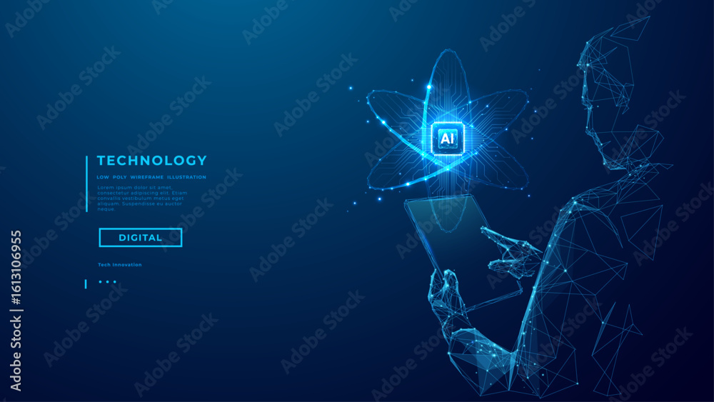 Abstract wireframe man holding tablet with AI chip and nuclear atom ...