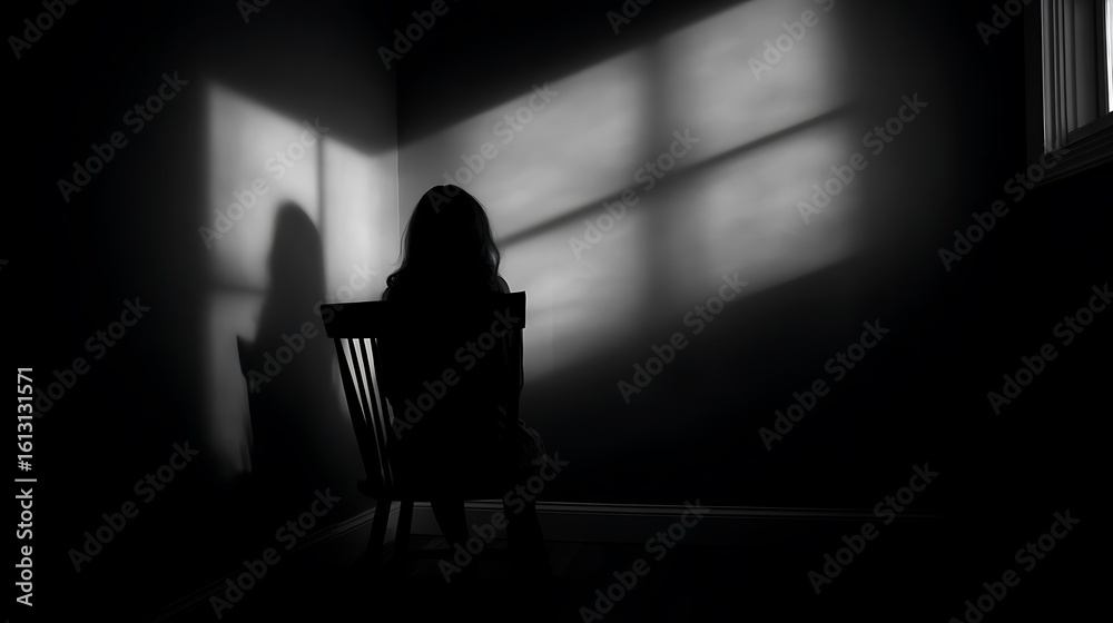 Photo Stock Dark Room With Only A Single Window. A Person Sits In A ...