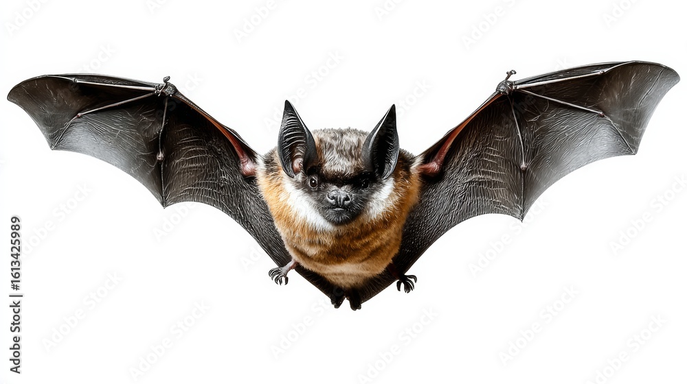 Bat is flying in the air with its wings spread wide. The bat is brown ...