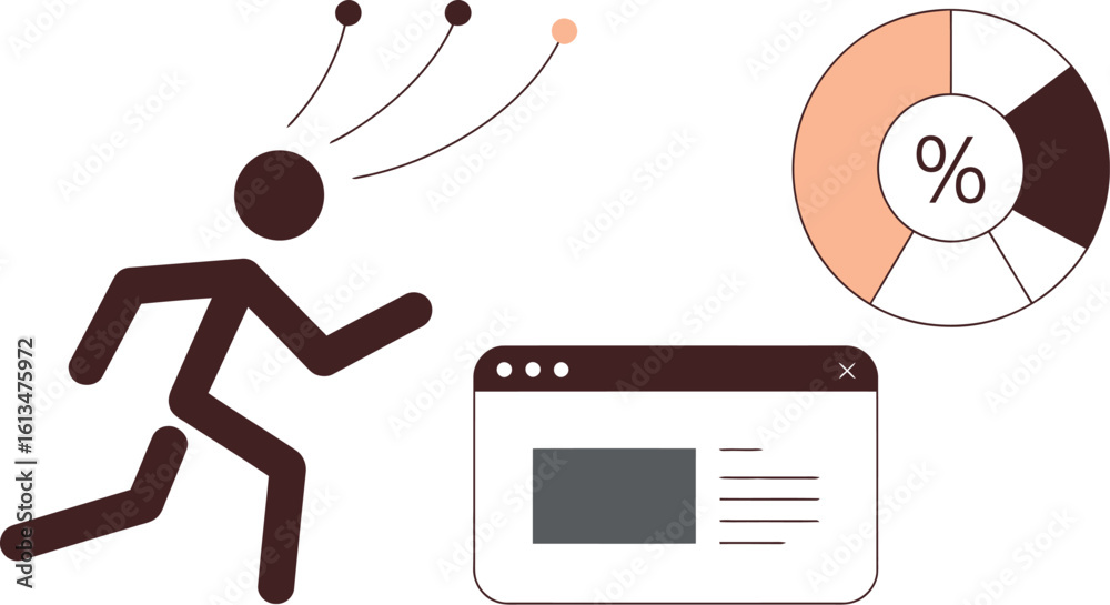 Stick figure running with ideas and a pie chart with a percentage sign ...