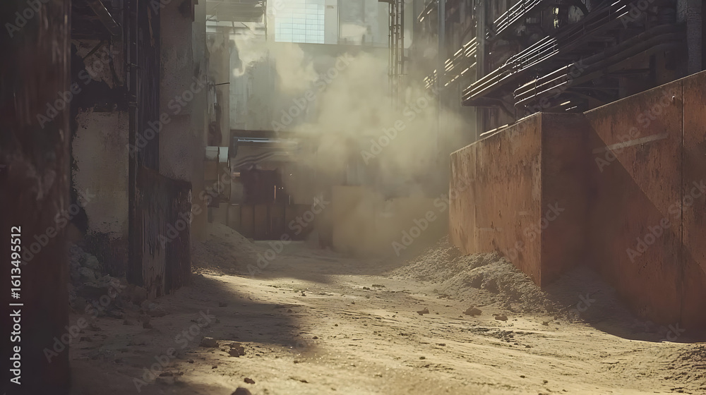 Dusty alleyway in a demolished urban area. Sunlit debris-filled ...