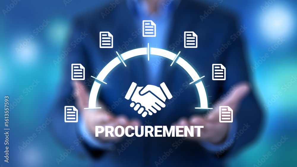 Procurement technology concept with digital handshake, document icons ...