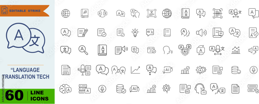 Vetor Language Translation Technology Icon Pack – 60 Line Icons ...