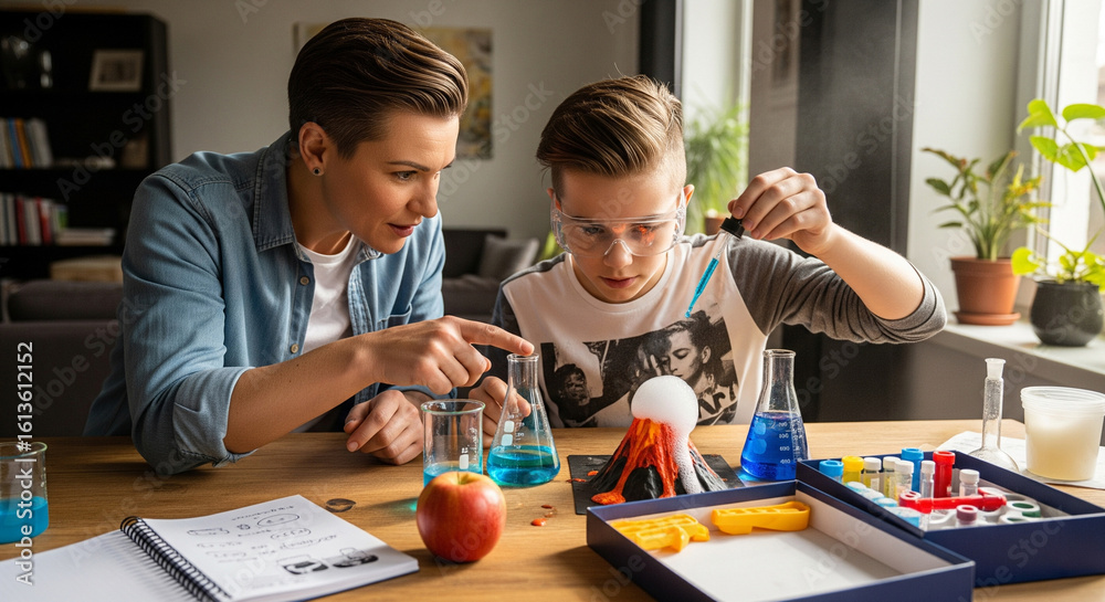 Mother and son doing science experiment with volcano model and beakers ...